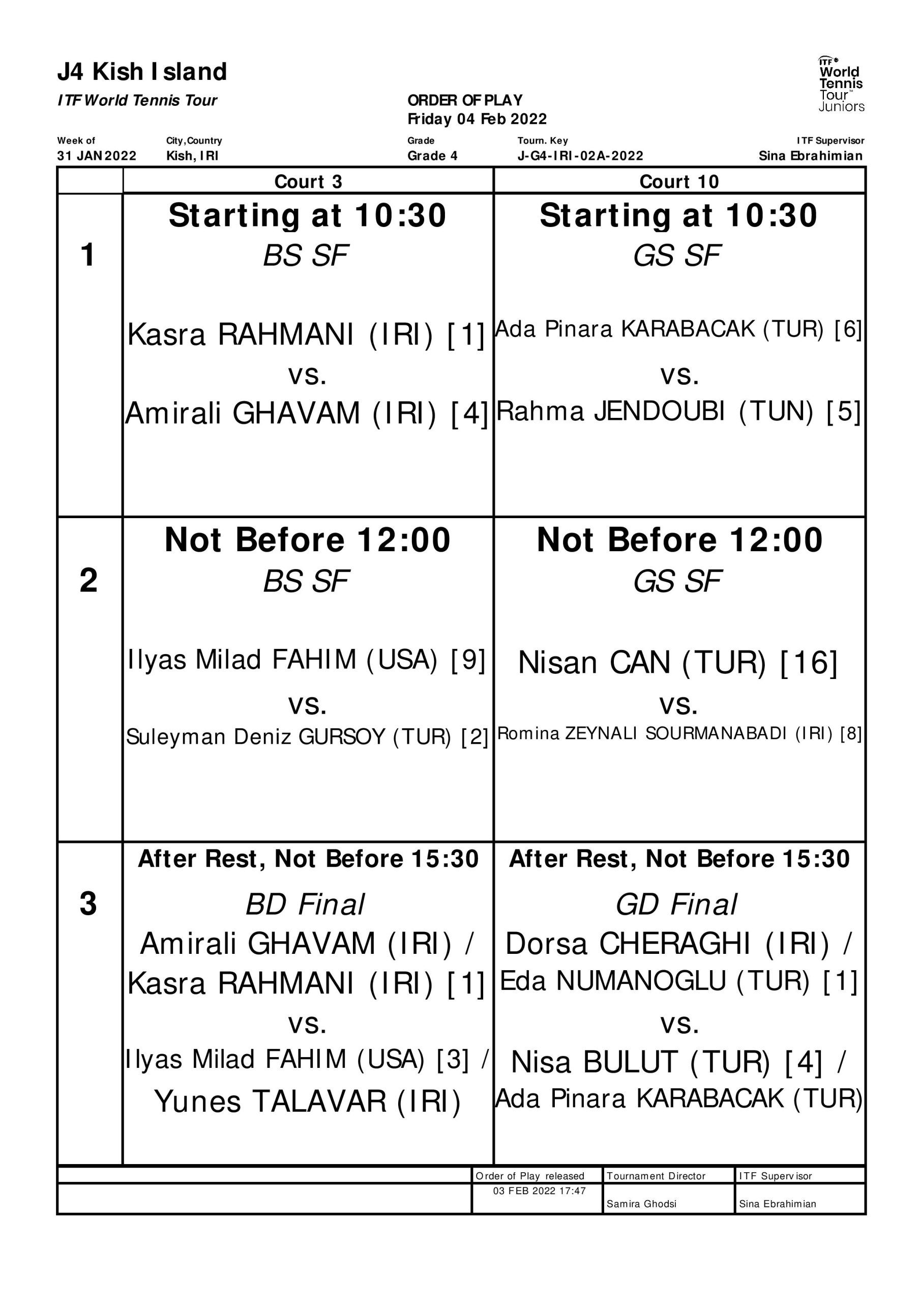 ORDER OF PLAY J4 KISH SECOND WEEK – DAY 7 – فدراسیون تنیس جمهوری اسلامی ...